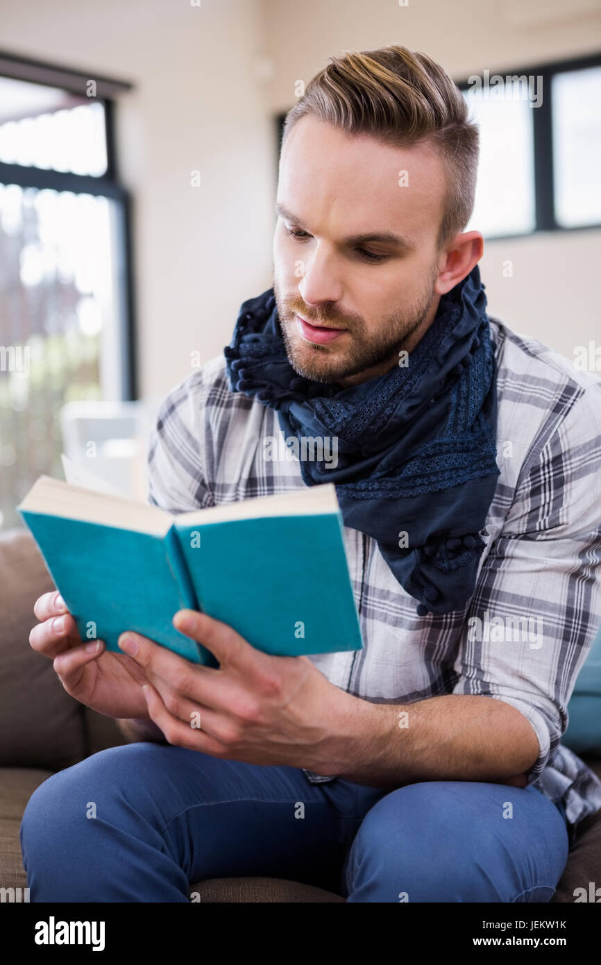 Handsome man reading a book on the couch Stock Photo - Alamy