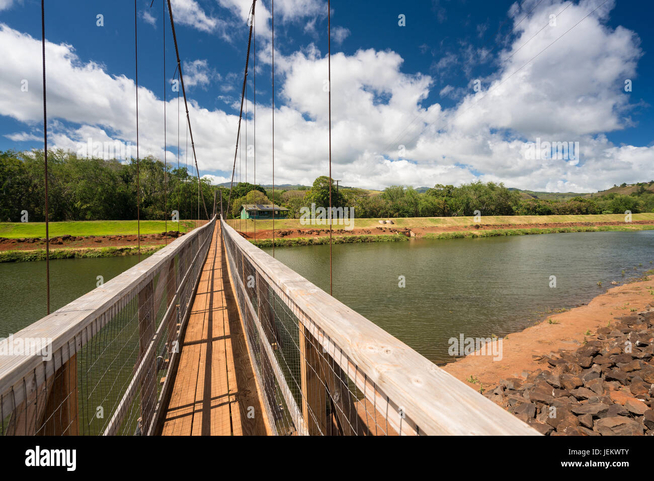 View of the famous swinging bridge in Hanapepe Kauai Stock Photo - Alamy