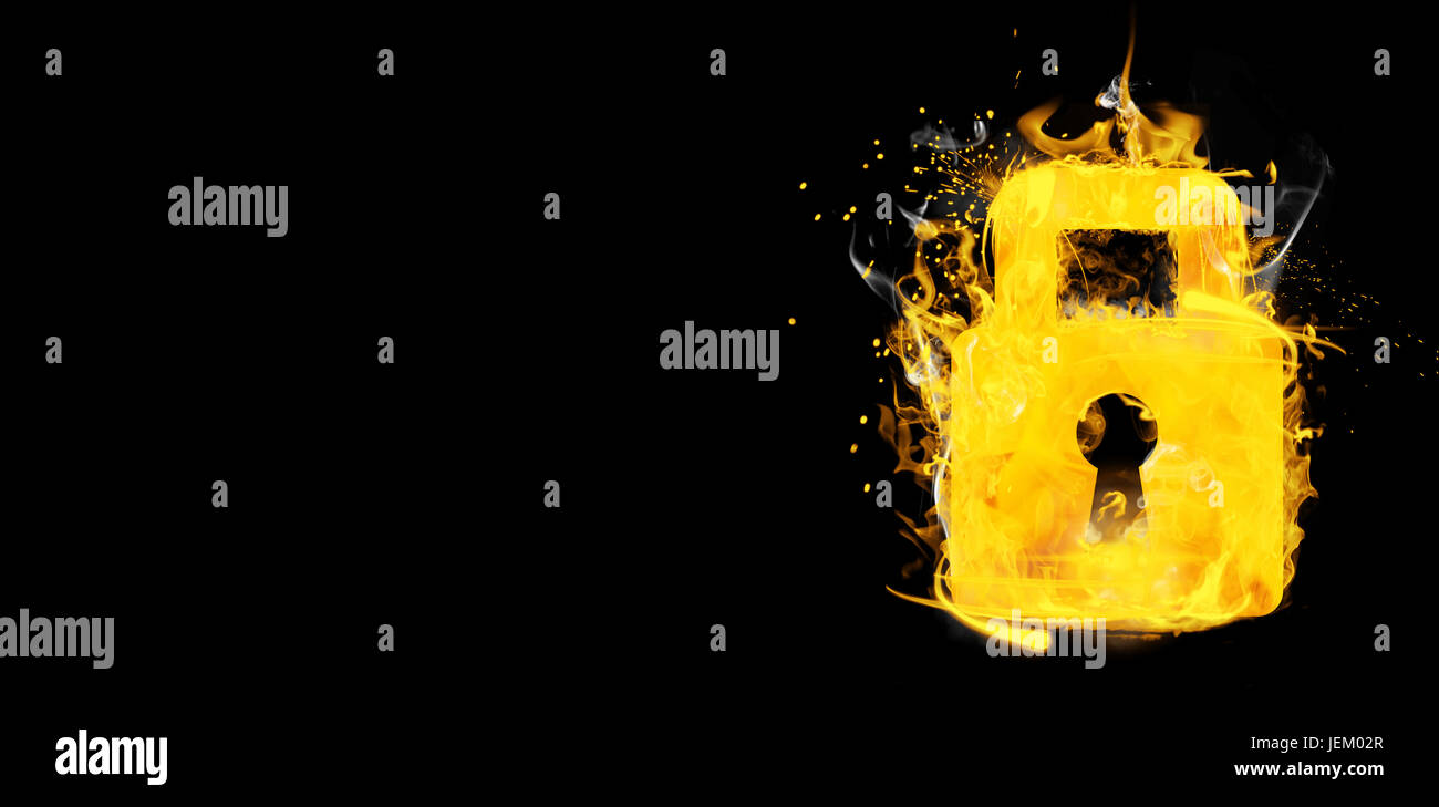 Composite image of closed padlock on fire Stock Photo - Alamy