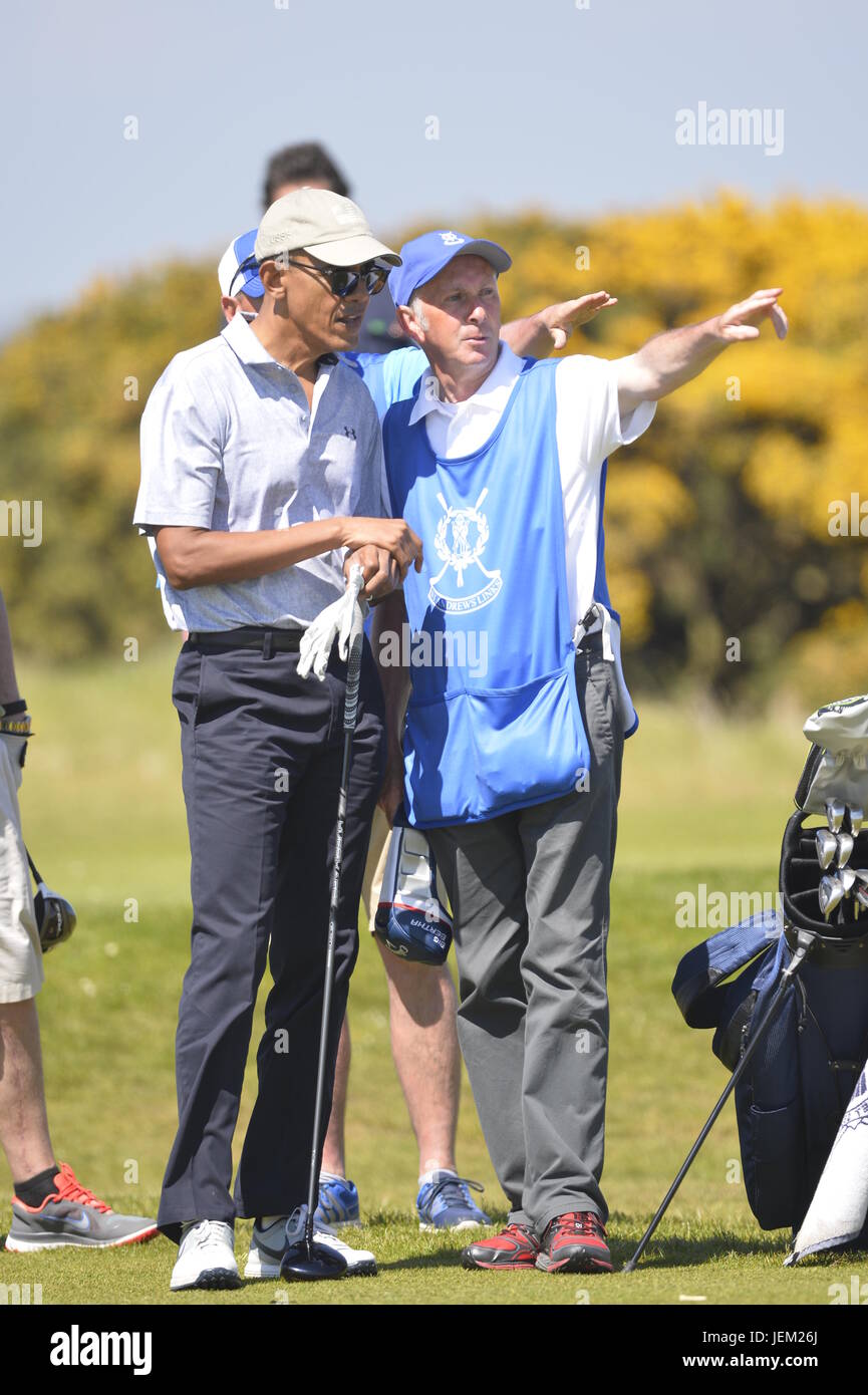 Former US president Barack Obama (light blue shirt) playing a round of ...