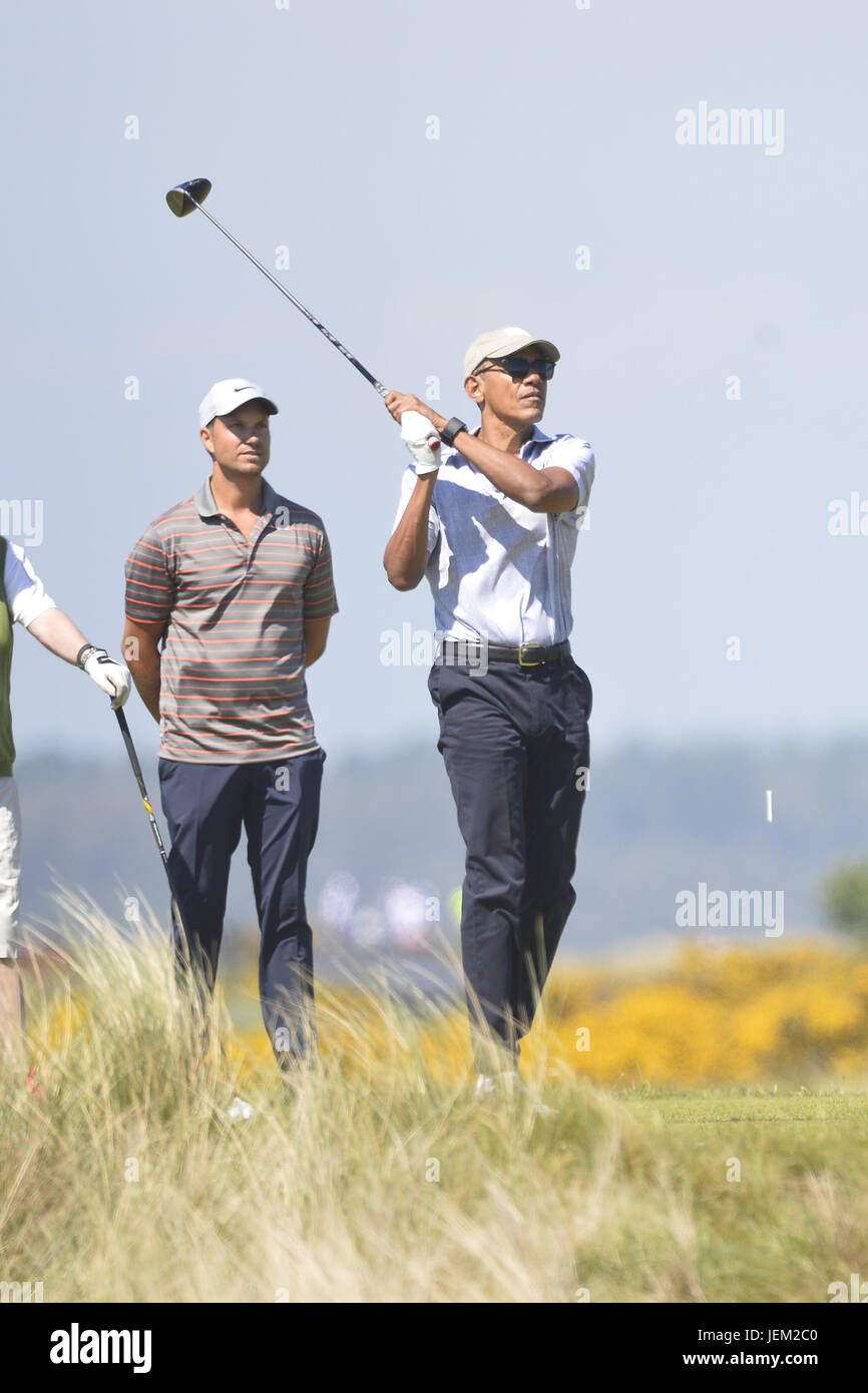 Former US president Barack Obama (light blue shirt) playing a round of ...