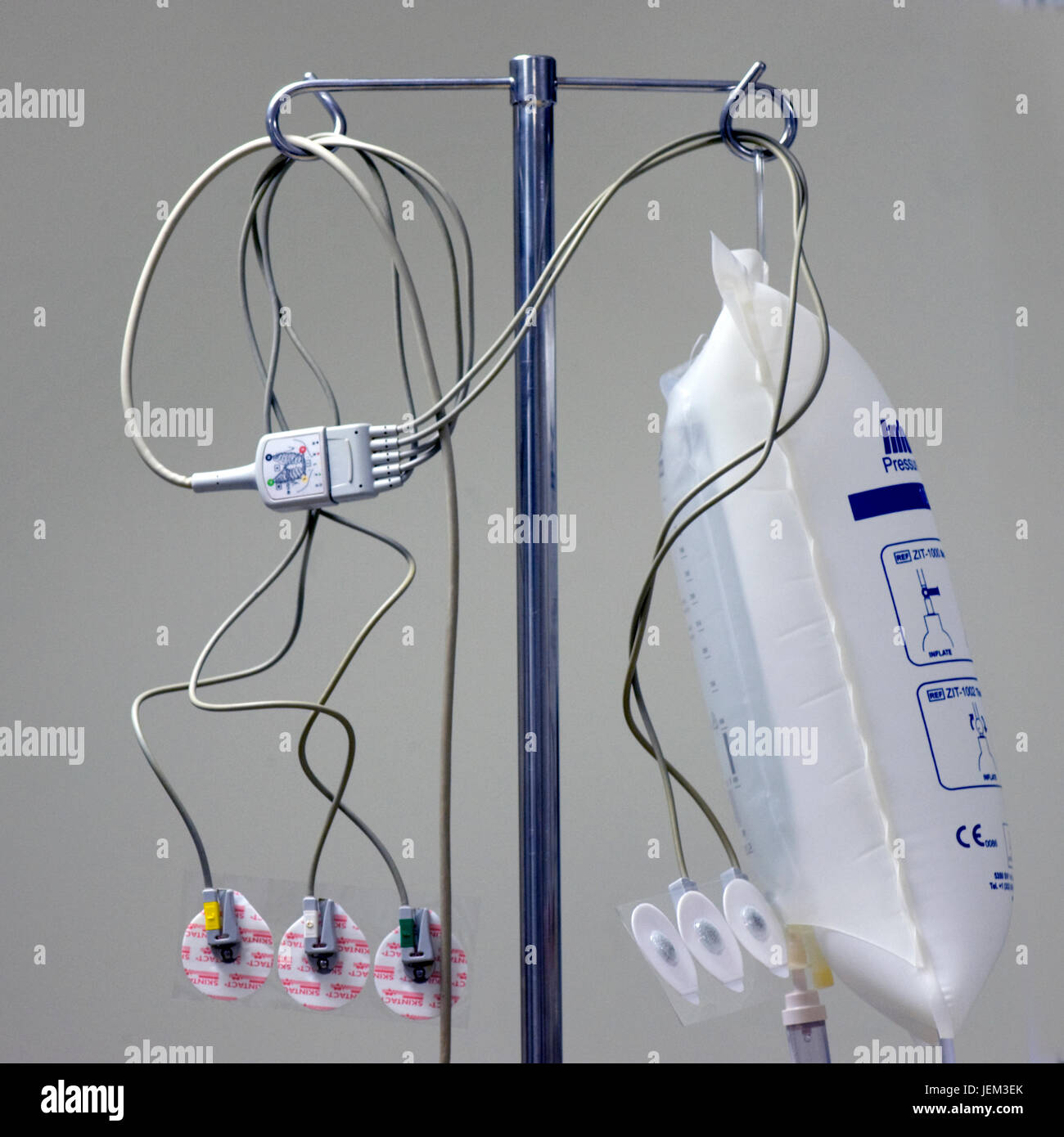 An IV pole or drip stand in an anaesthetics room in readiness for use ...