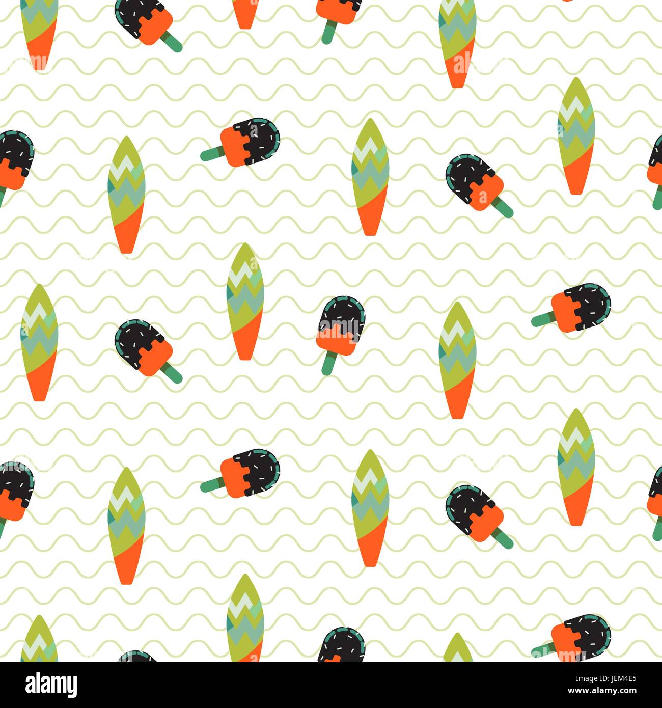 Surfboard and ice cream seamless vector wavy pattern. Green, orange and ...
