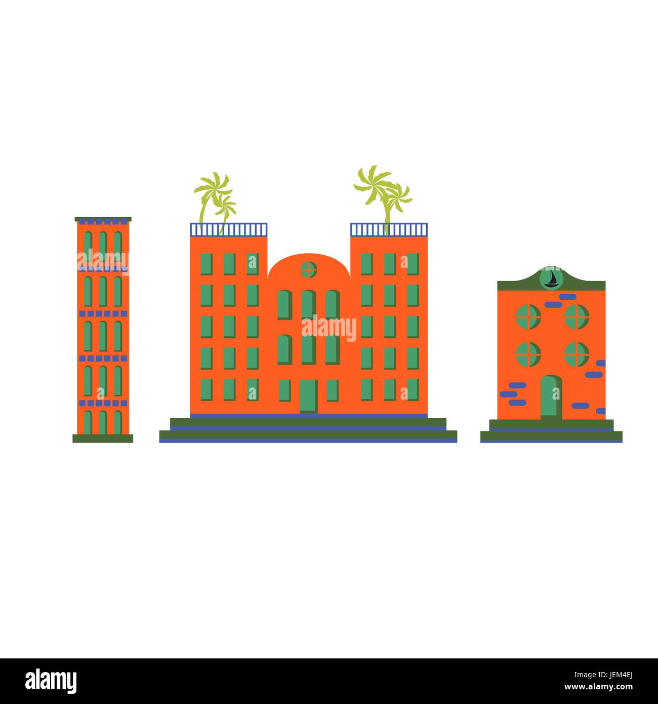 Hotel buildings vector cartoon flat set. Orange multistory at beach ...