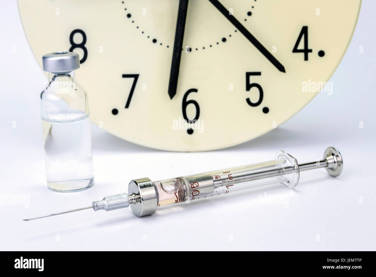 medicine vials and syringe, the clock shows the time of the medication ...