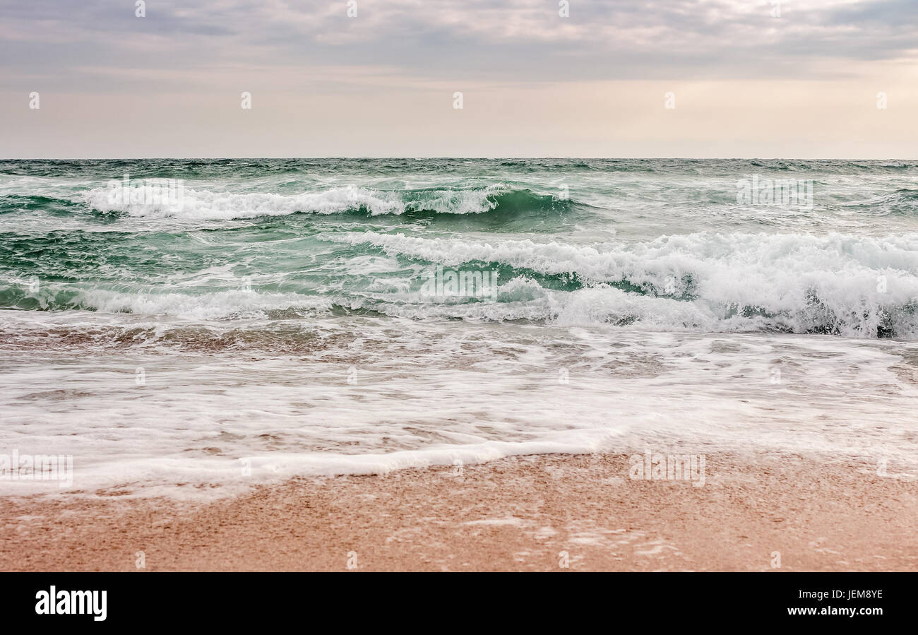 green and mighty sea wave craches on sandy beach Stock Photo - Alamy