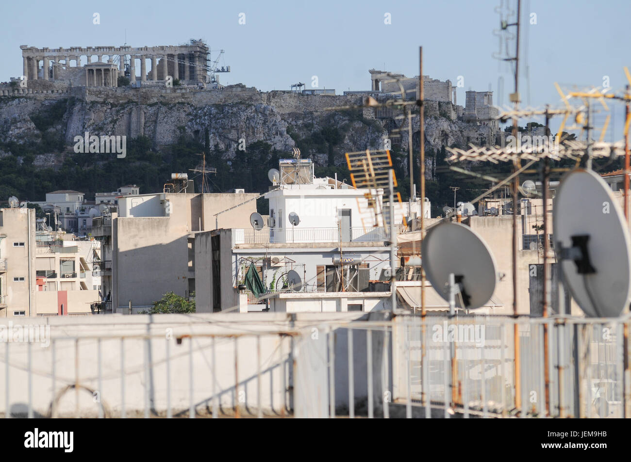 Televion aerial sand parabolic antennas on building's roof, Athens (Greece Stock Photo - Alamy
