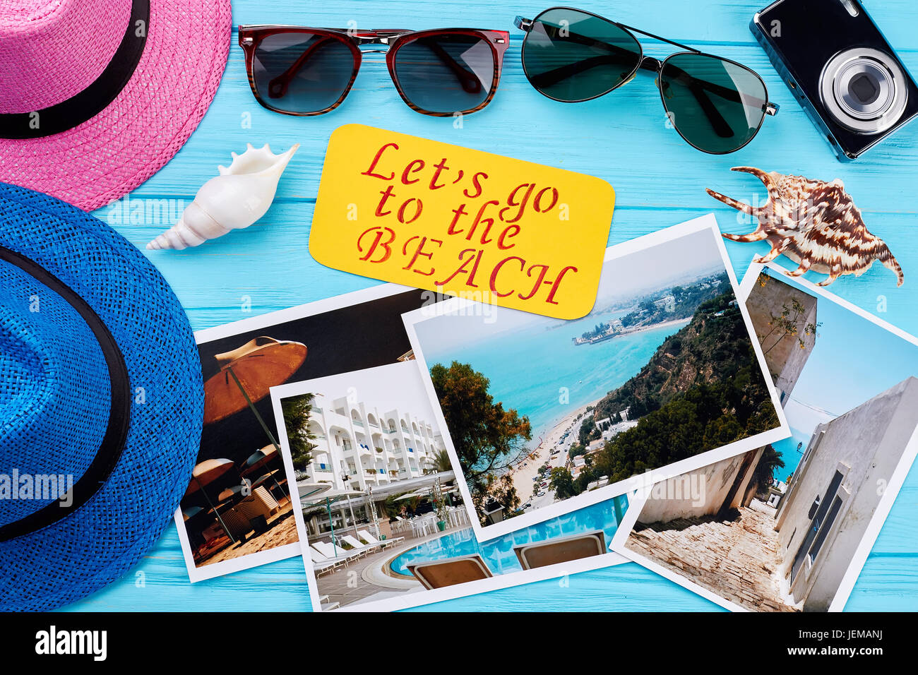 Beach concept of summer rest. Photos and different objects for beach ...