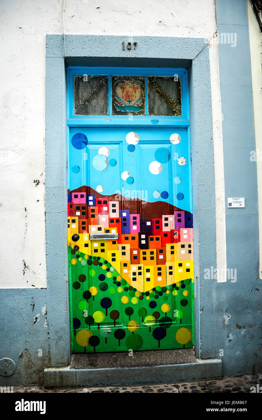 Santa Maria Street in Funchal Madeira with its painted doors and walls ...