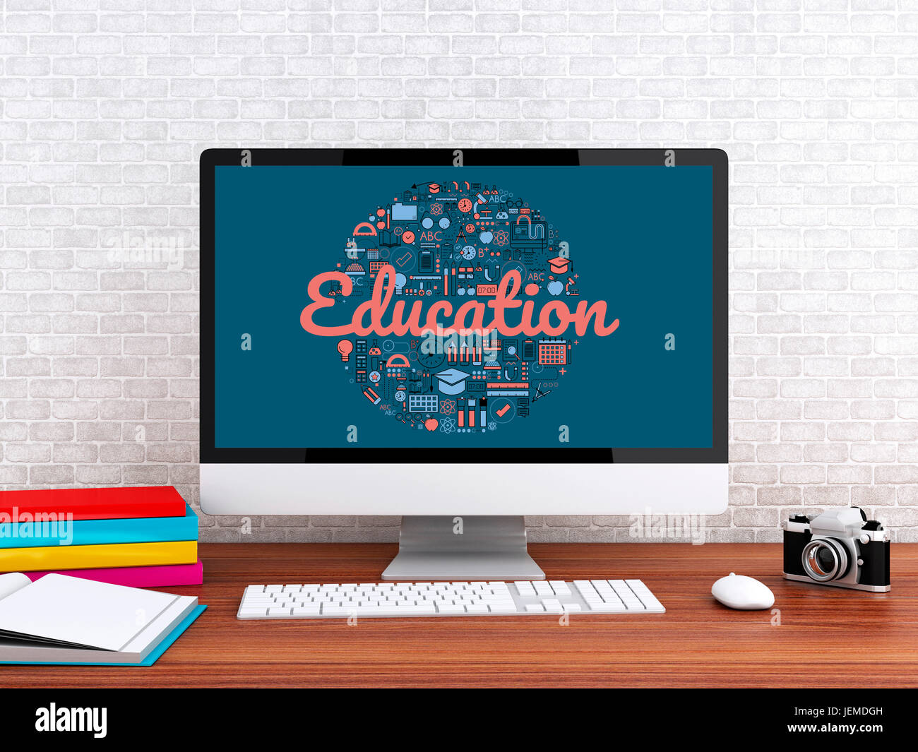3D illustration. Modern workspace and computer. Online education ...