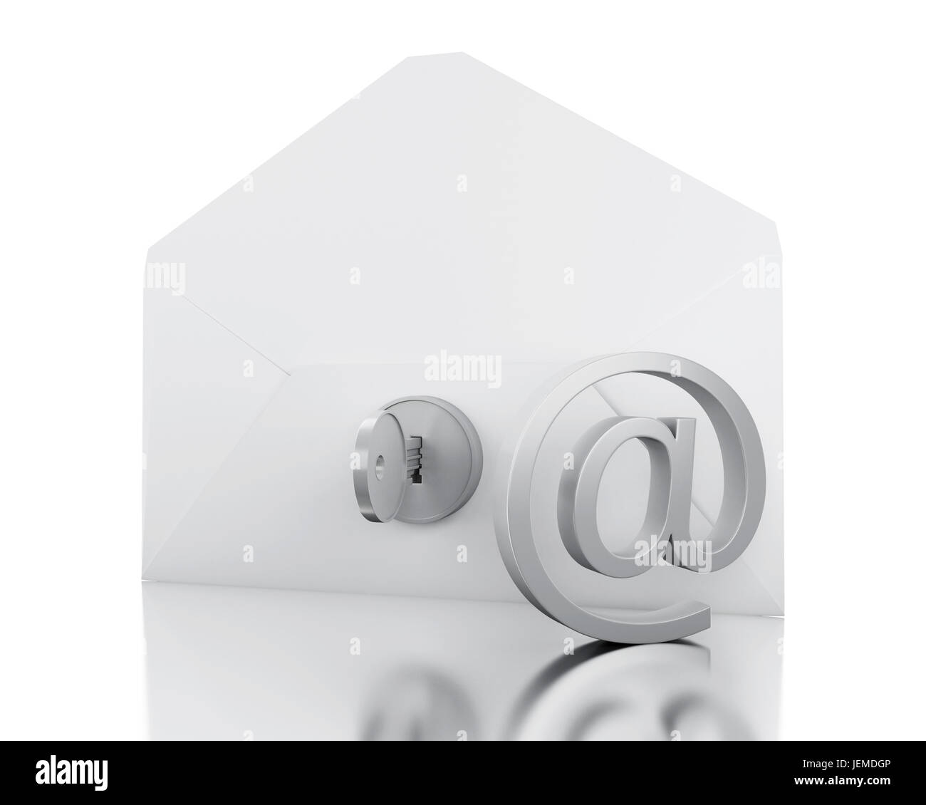 3d illustration. Envelope with AT sign and lock. E-mail Safety concept ...