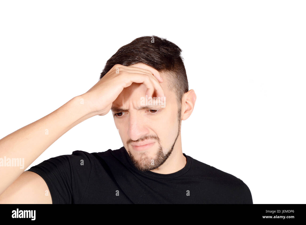 Portrait of a young man worried. Isolated white background Stock Photo ...