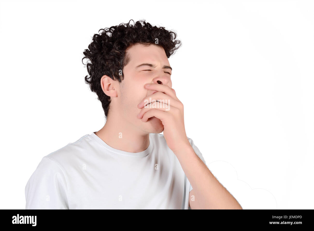 Portrait of a young man yawning. Isolated white background Stock Photo ...