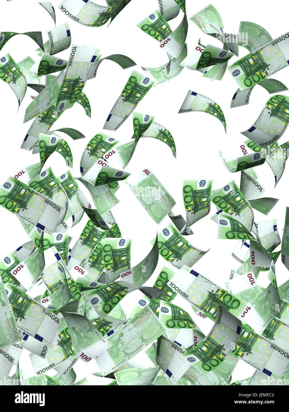 Flying banknotes of hundred euro. Isolated on white background. 3d ...