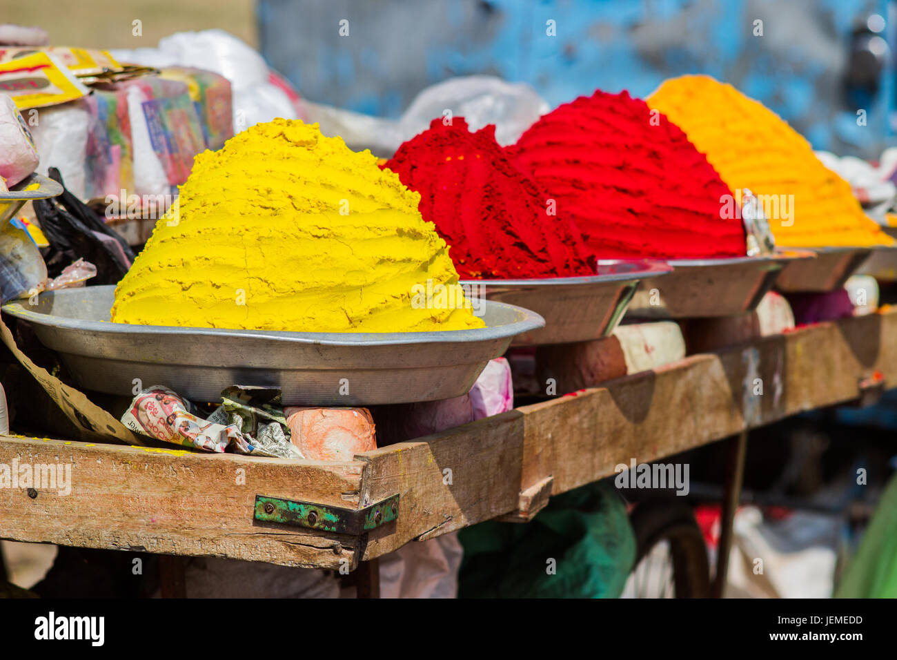Multi-colored Indian spices in buckets Stock Photo - Alamy