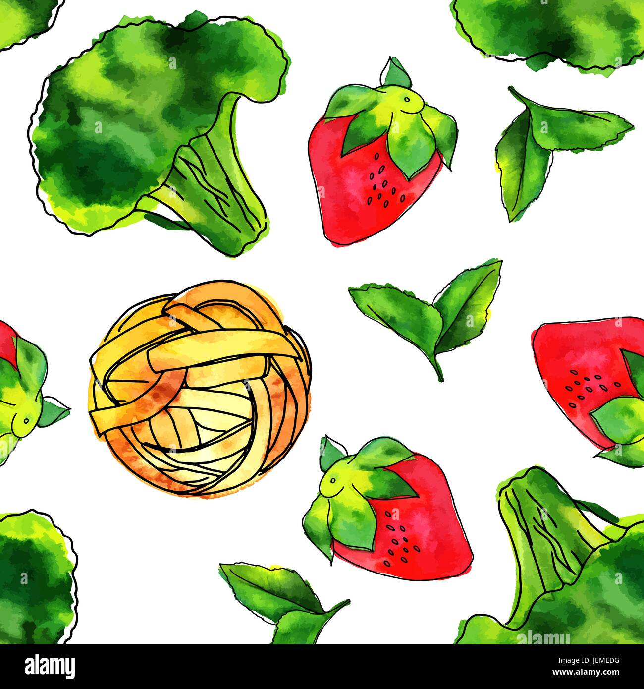 Seamless pattern of watercolour vegan food themed drawings Stock Vector ...