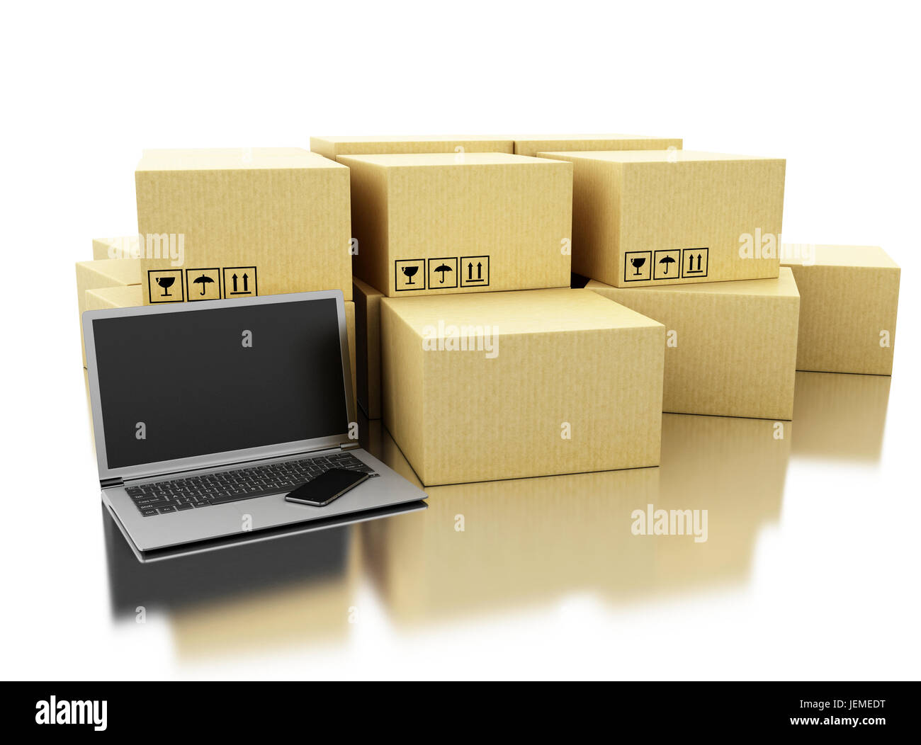 3d illustration. Cardboard boxes with technology devices. E-commerce ...