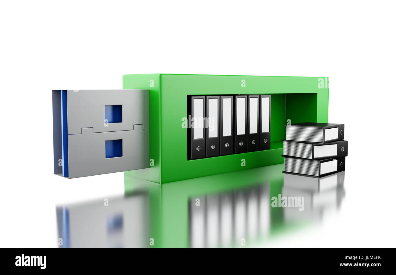 3d Illustration Usb Drive With Data Folders Storing Information Concept Isolated White