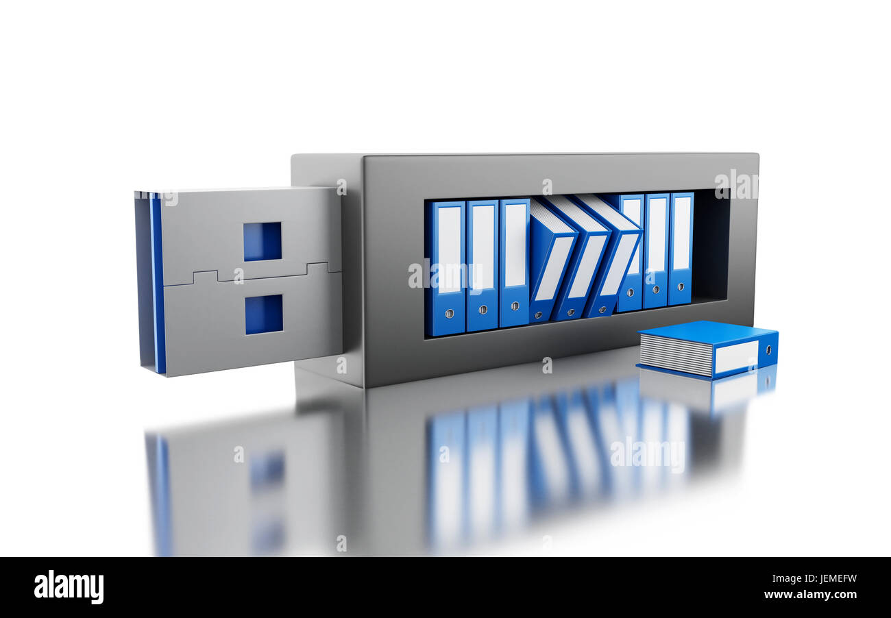 3d illustration. USB drive with data folders. Storing information ...