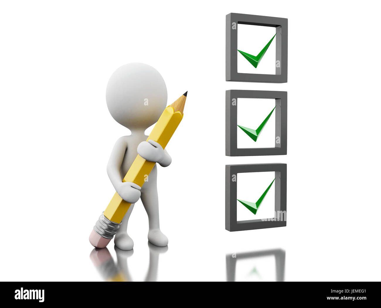 3d illustraton. White people with pen marking ticks in checklist ...