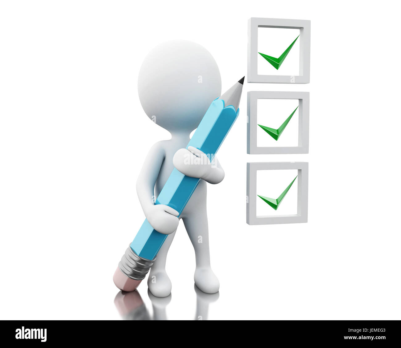 3d illustraton. White people with pen marking ticks in checklist ...