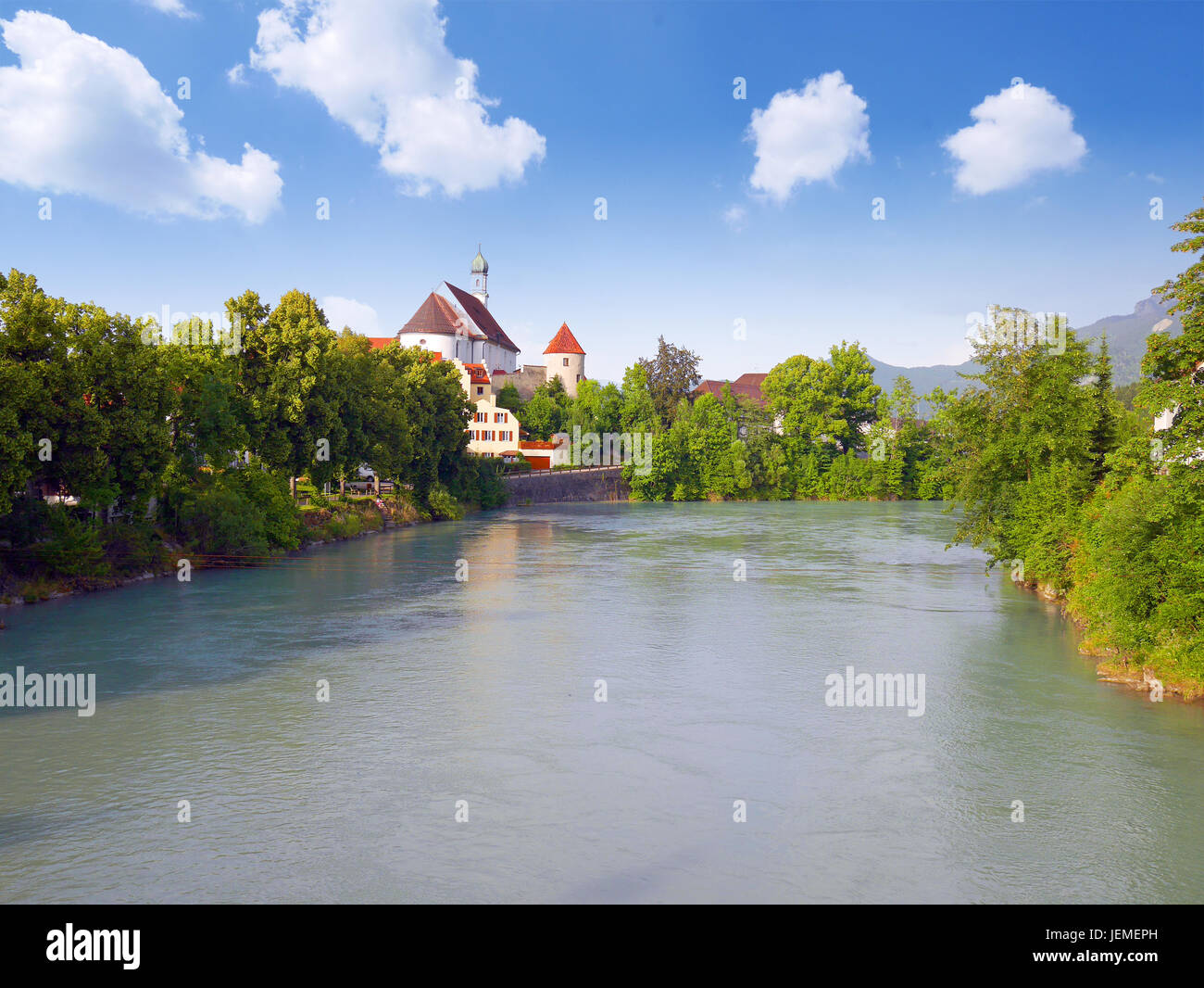 View of Franziskanerkloster and Lech river, Fussen, Germany Stock Photo ...