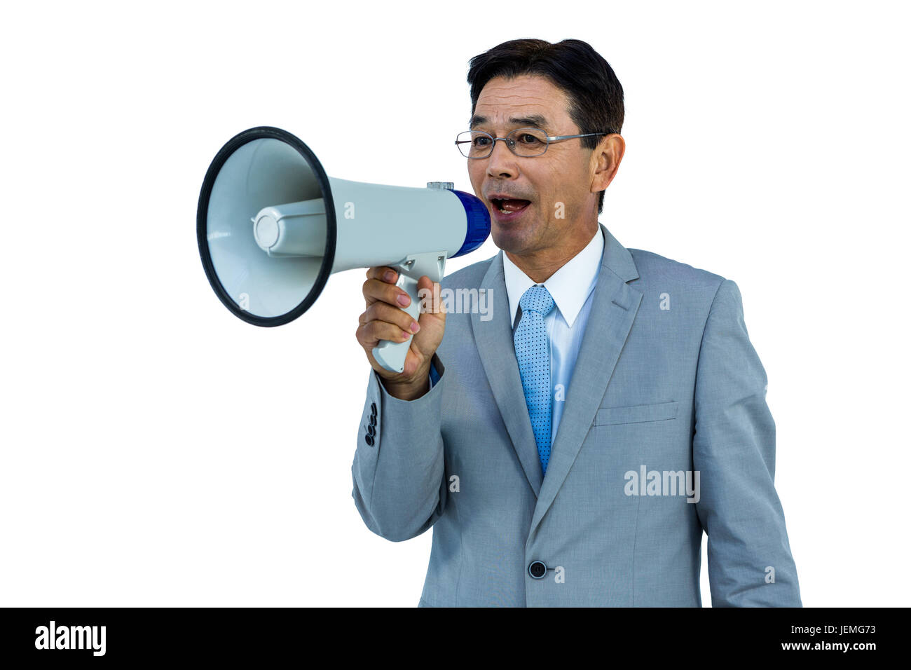 Asian businessman talking through megaphone Stock Photo - Alamy