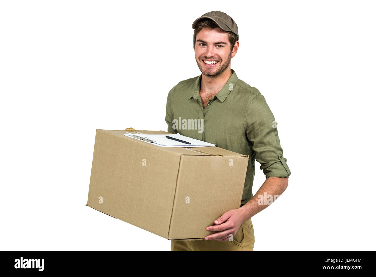 Handsome postman holding pack Stock Photo - Alamy
