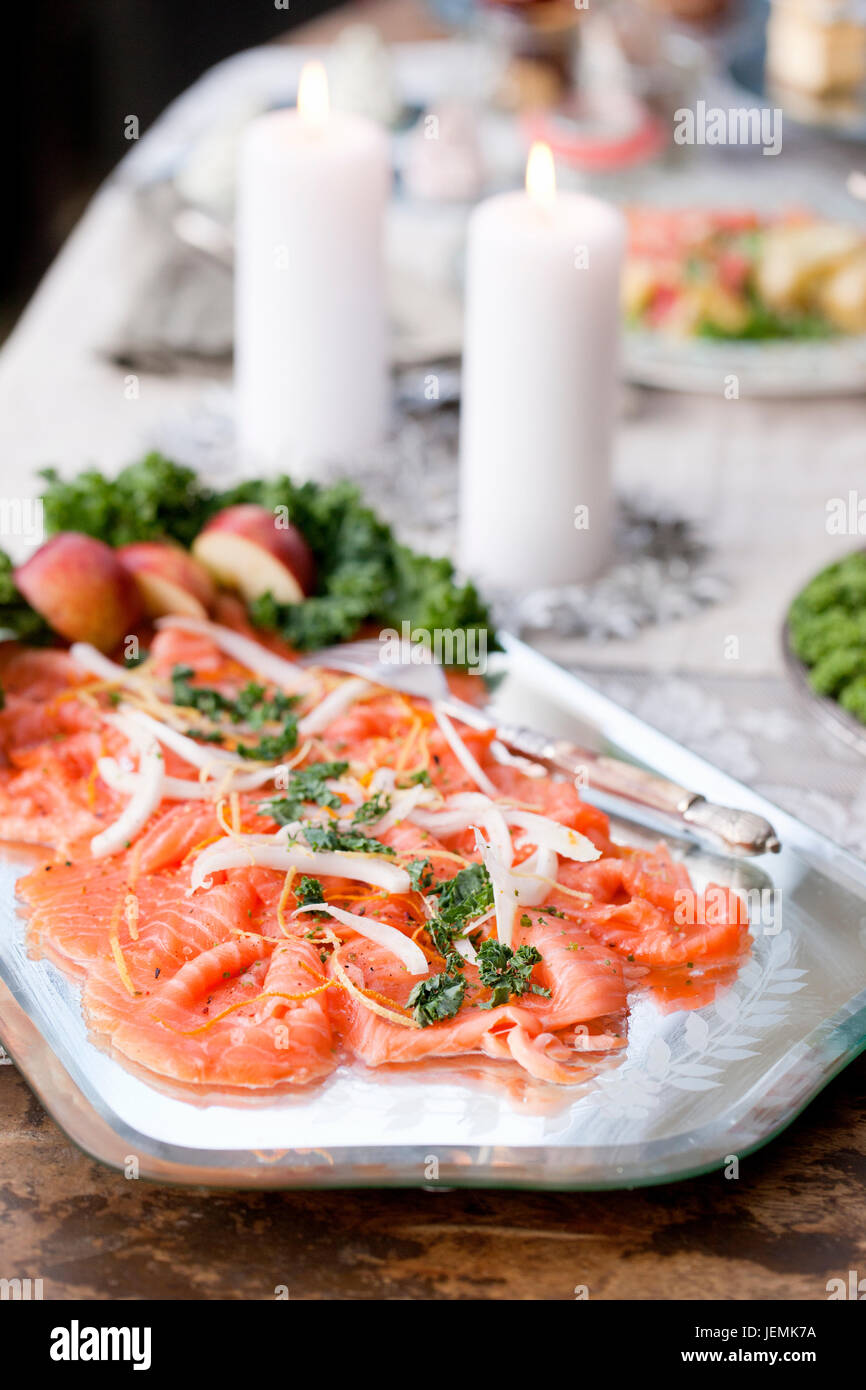 Smoked salmon on serving dish Stock Photo - Alamy