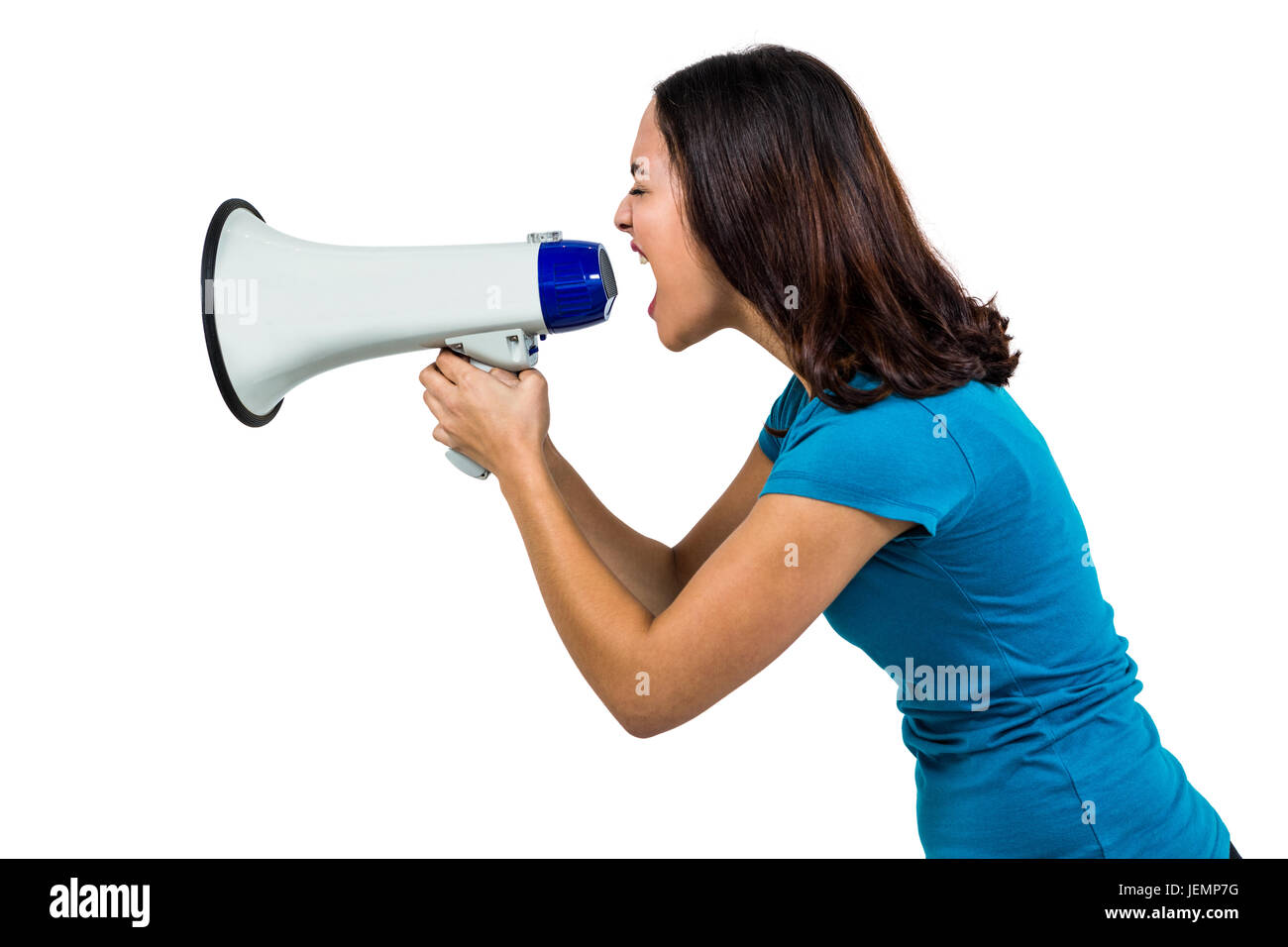 Woman shouting through megaphone Stock Photo - Alamy