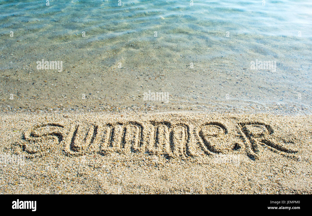 Word Summer written on the beach sand Stock Photo - Alamy