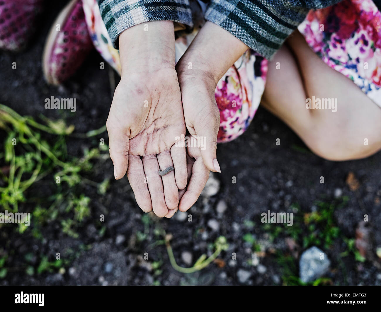 Worm on girls hands Stock Photo - Alamy