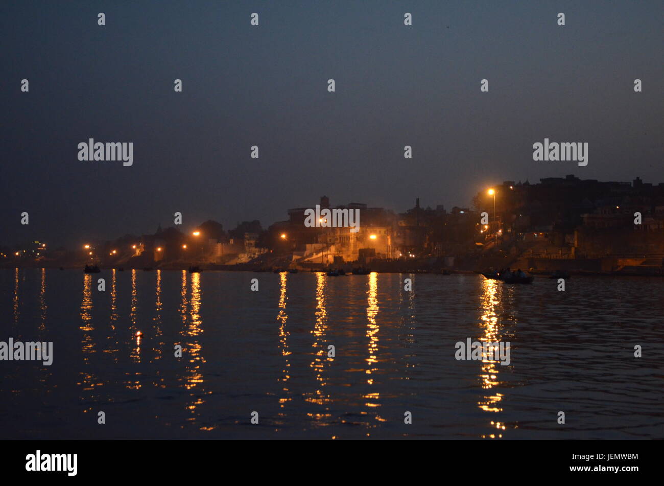 Night Light Reflections in The Ganges River in Varanasi, India Stock ...