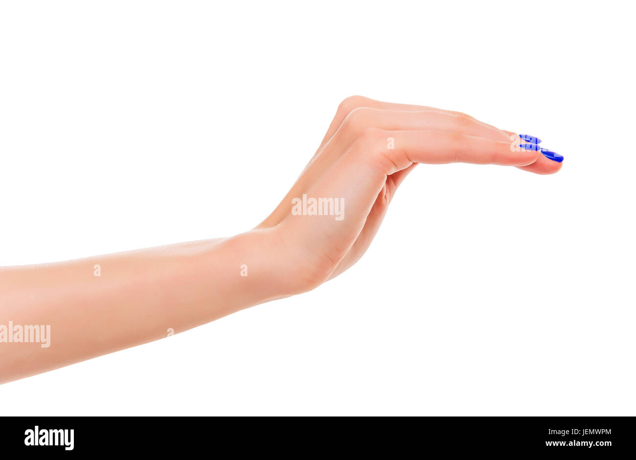 Beautiful female hand protects something. Isolated on white background ...