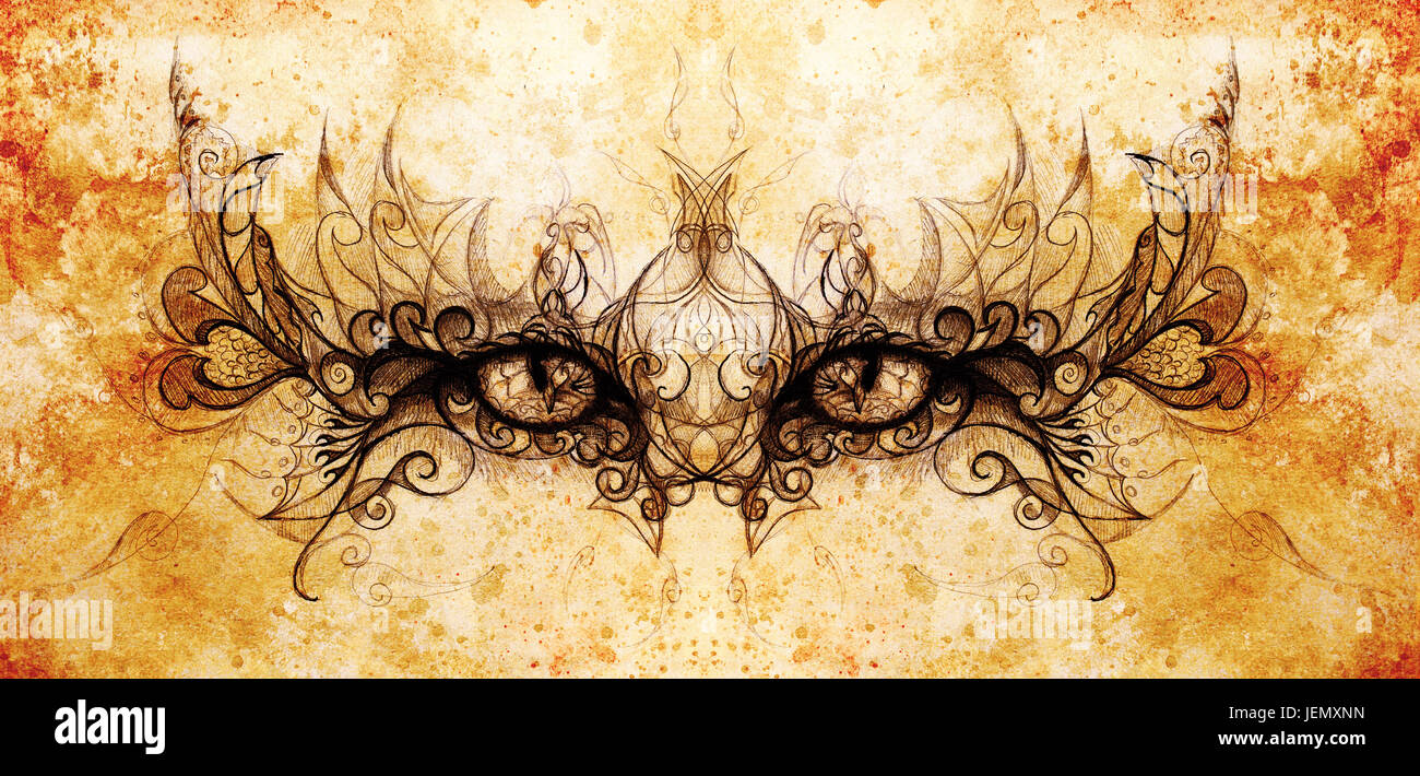 Mystic eye and beautiful ornamental. Drawing on old paper, original ...