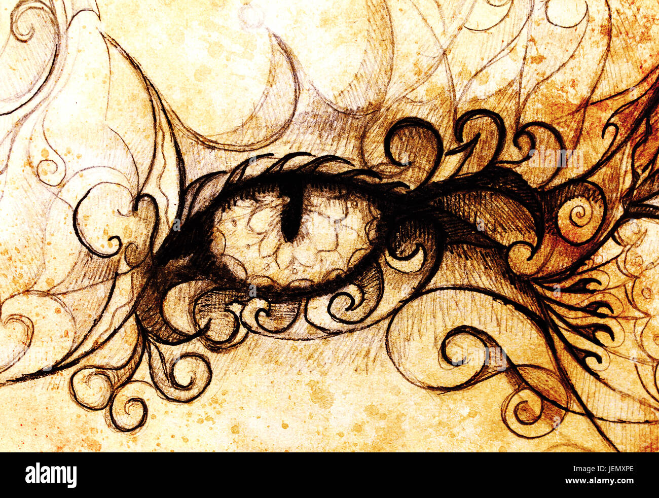 Mystic eye and beautiful ornamental. Drawing on old paper, original ...