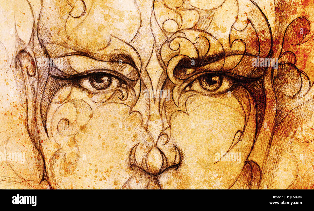 Mystic man face and ornament. pencil drawing on old paper Stock Photo ...