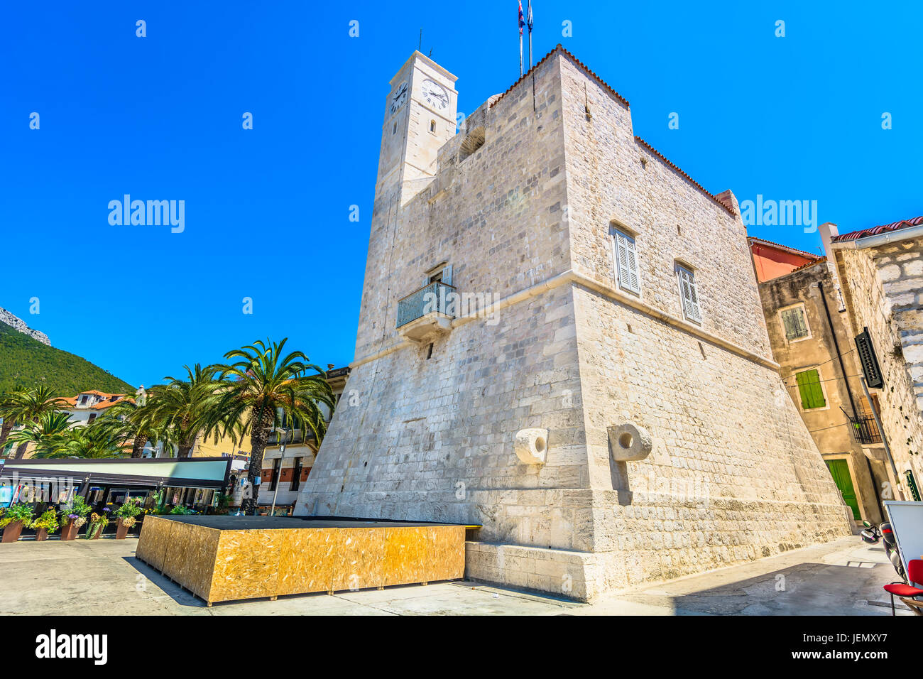 Marble ancient landmark in old town Komiza, Island Vis scenery, Croatia ...