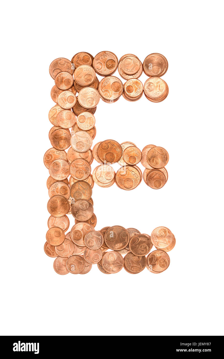 Letter E made from Euro cent coins. Isolated on white background Stock ...