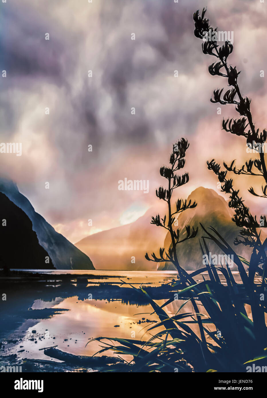 Misty sunset, Milford Sound, Southland, New Zealand Stock Photo - Alamy