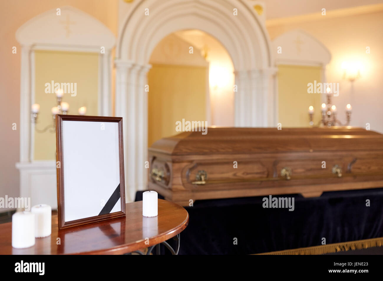 photo frame and coffin at funeral in church Stock Photo - Alamy