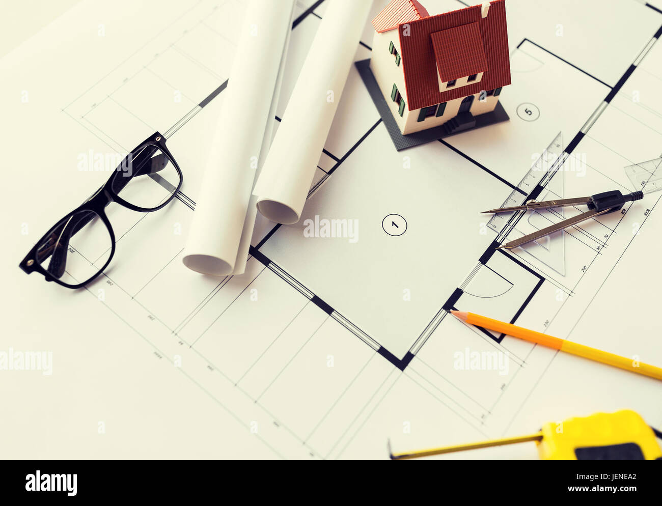 close up of architectural blueprint and tools Stock Photo - Alamy