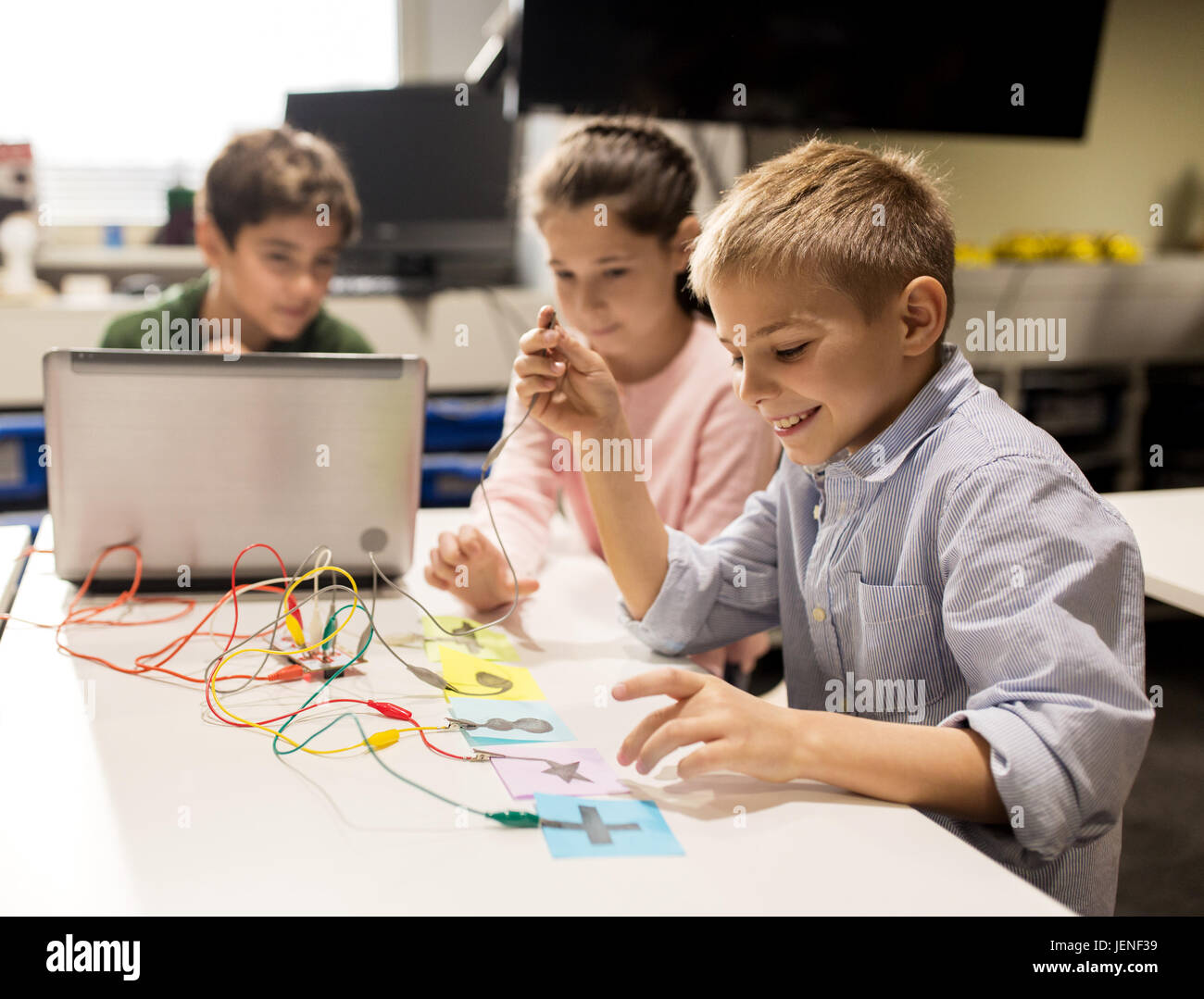 kids, laptop and invention kit at robotics school Stock Photo - Alamy