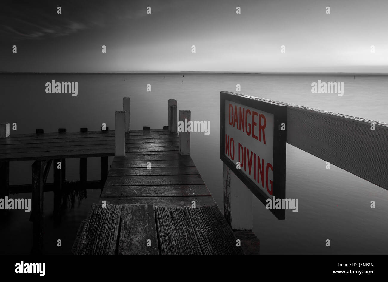 Danger No Diving sign on wooden Pier, Portsea, Victoria, Australia ...