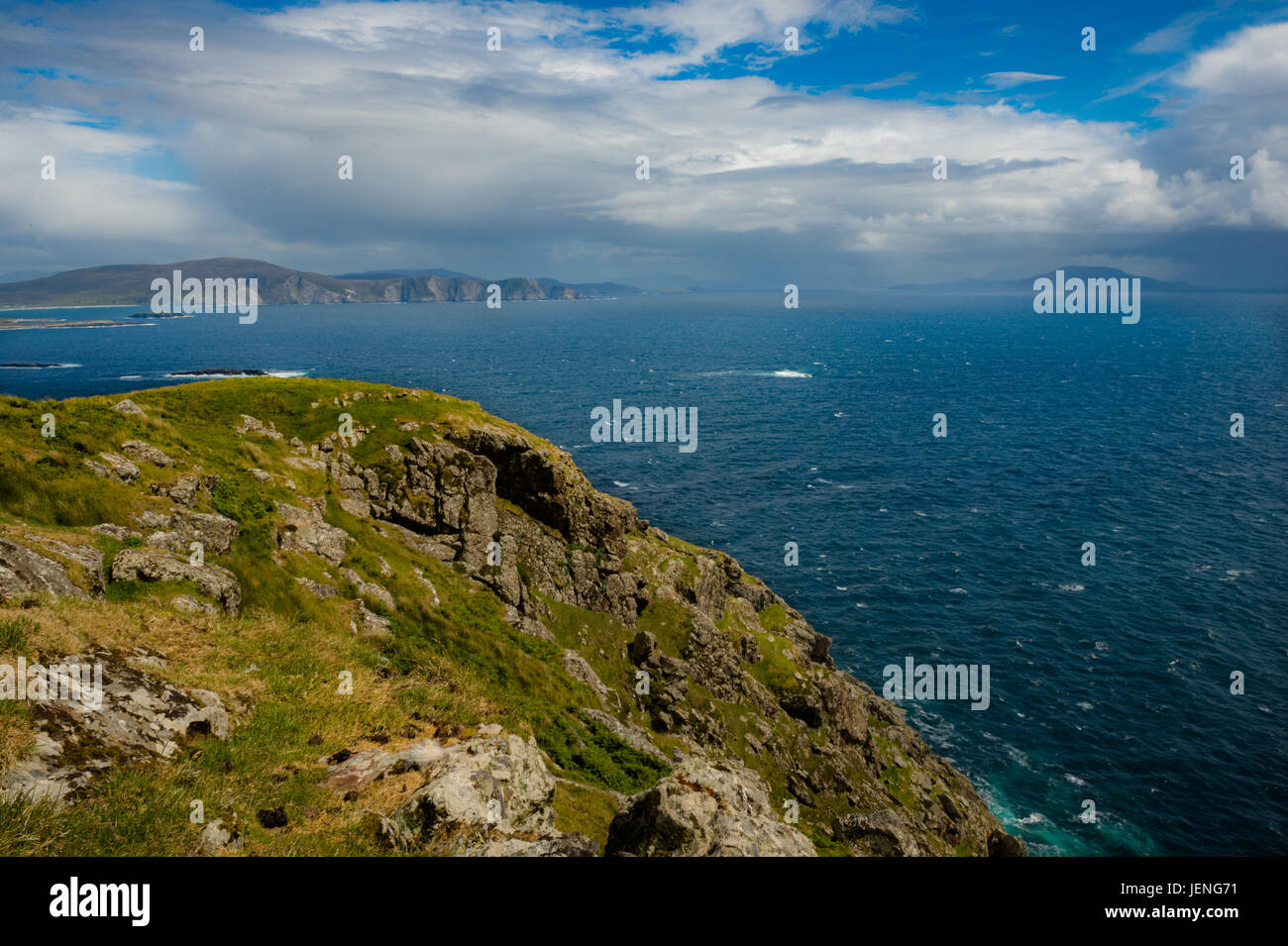 View of the Atlantic ocean from a hill at Keem bay, Achill, Co. Mayo ...