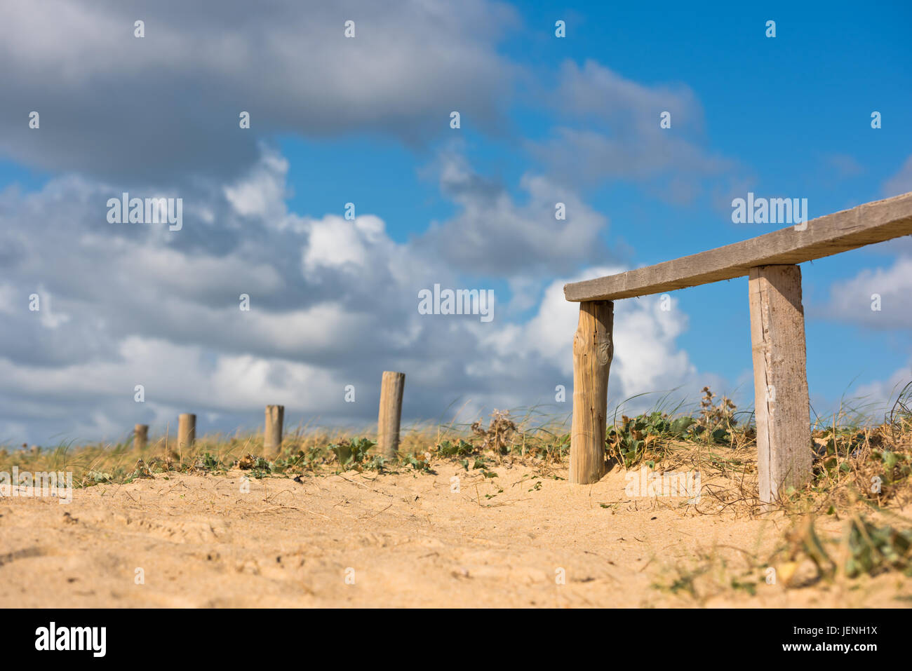 Wooden fence on an Atlantic beach in France, The Gironde Department ...