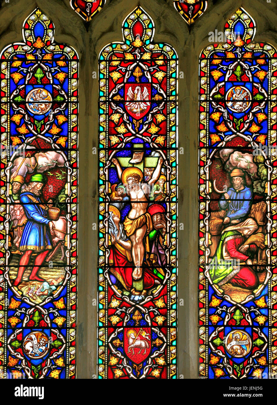 Sower, Crucifixion, Harvest Reaper, stained glass window, by William ...