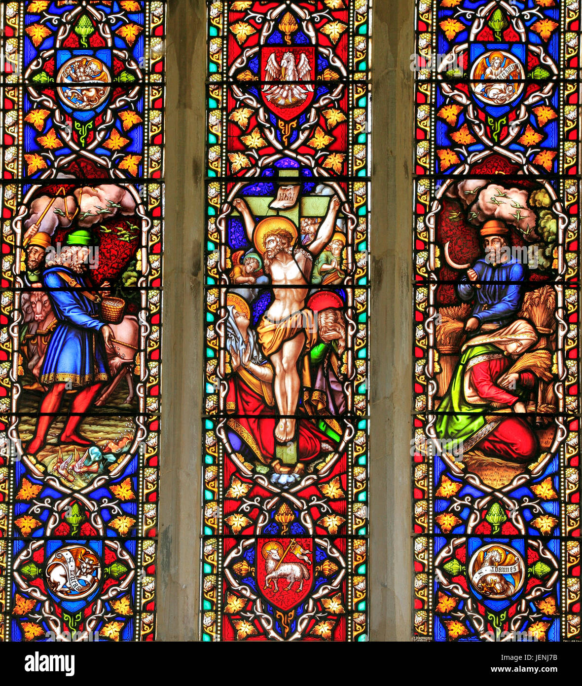 Sower, Crucifixion, Harvest Reaper, stained glass window, by William ...