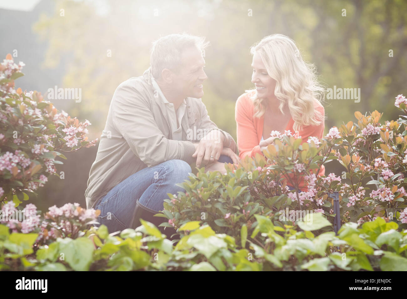 Cute couple looking at flowers Stock Photo - Alamy