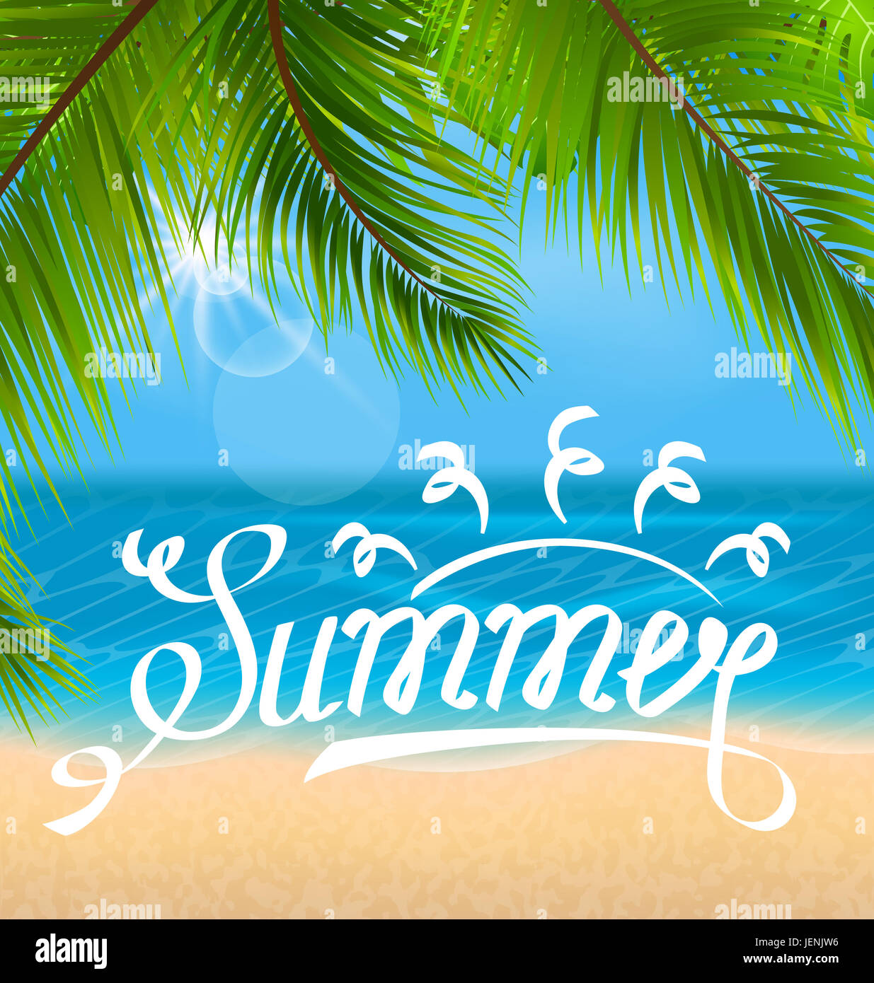 Illustration Exotic Background with Palm Leaves and Beach. Lettering ...